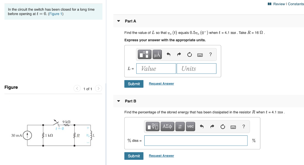Solved Review Constants In the circuit the switch has been | Chegg.com