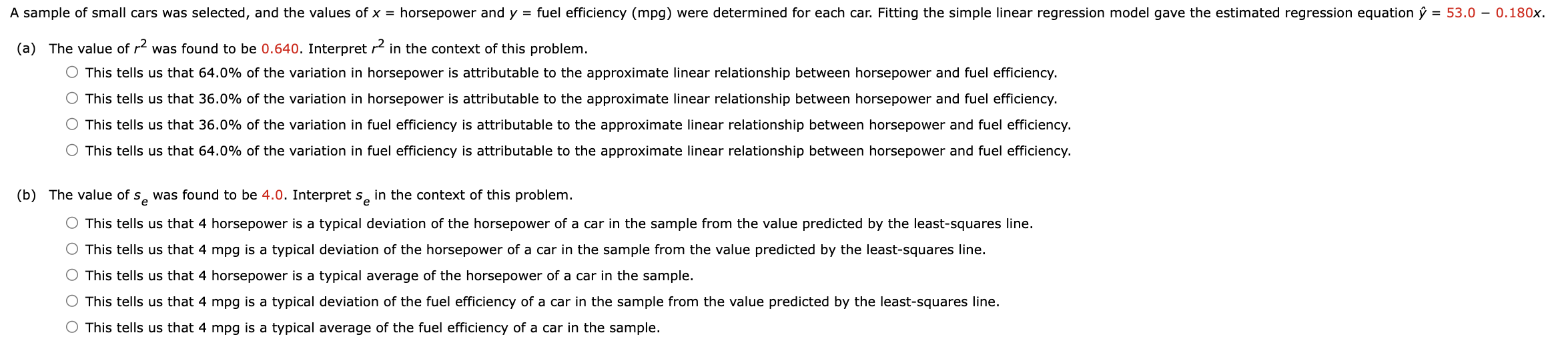 Solved (a) The value of r2 was found to be 0.640. Interpret | Chegg.com