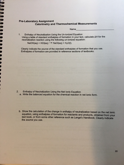 Solved Pre-Laboratory Assignment Calorimetry and | Chegg.com