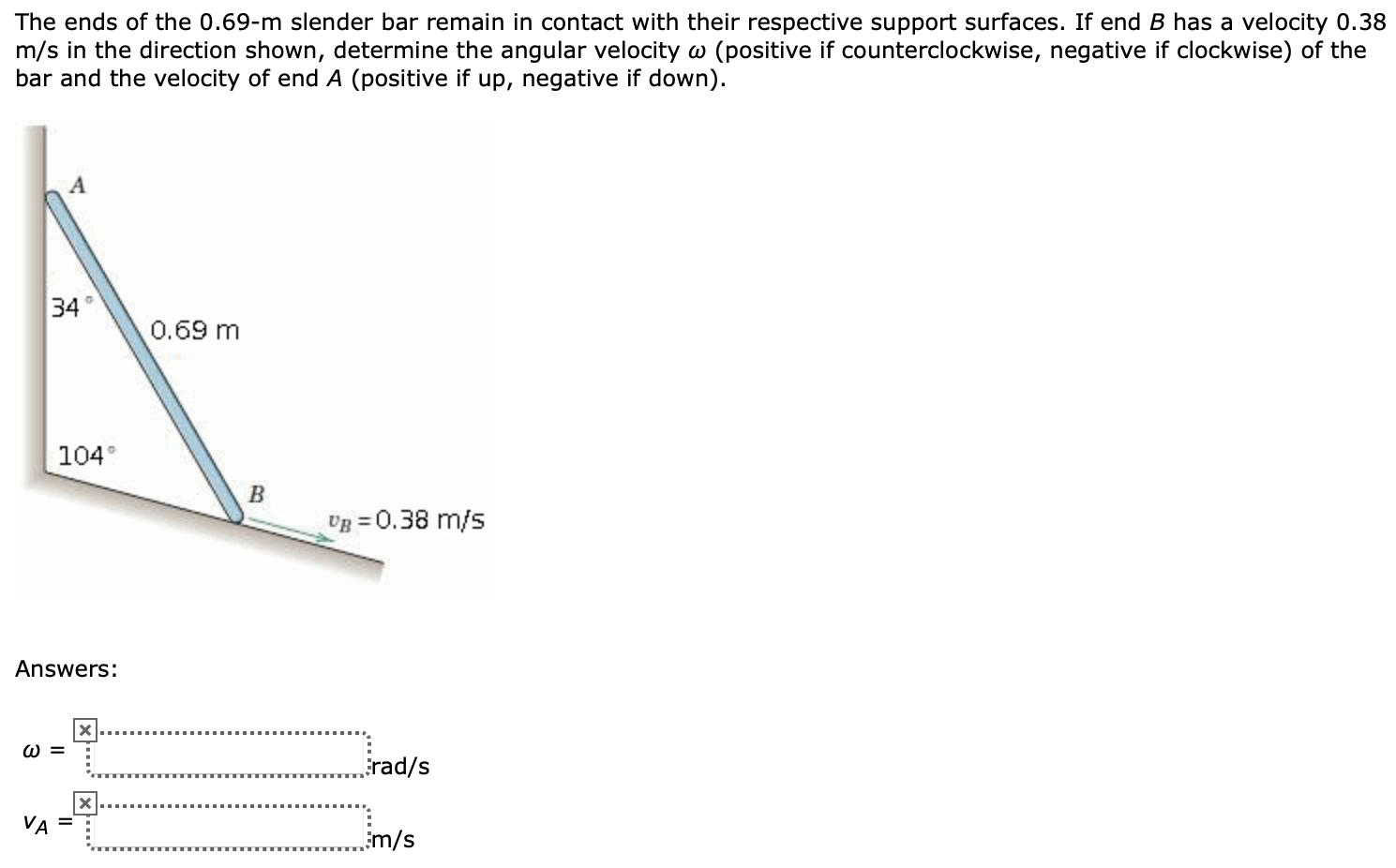 Solved The ends of the 0.69-m slender bar remain in contact | Chegg.com