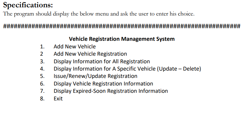 Solved Vehicle Registration Management System ICS 104 Lab | Chegg.com
