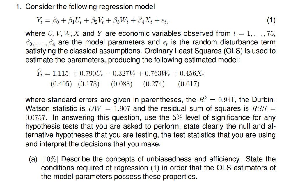 Solved (1) 1. Consider the following regression model Y4 = | Chegg.com