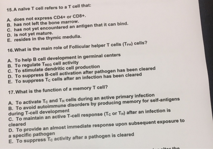 Solved 15.A naïve T cell refers to a T cell that: A. does | Chegg.com