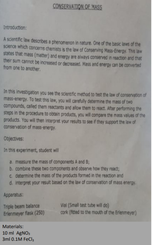 Solved CONSERVATION OF MASS Introduction: A scientific law | Chegg.com