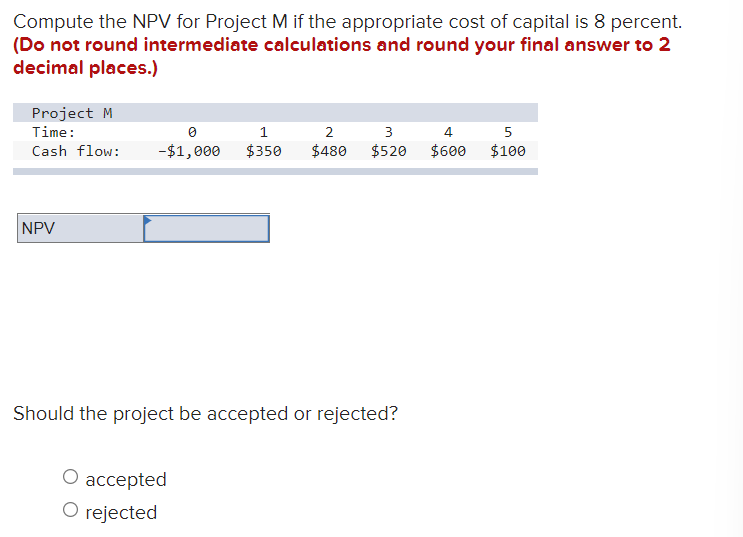 Solved Compute the NPV for Project M if the appropriate cost | Chegg.com
