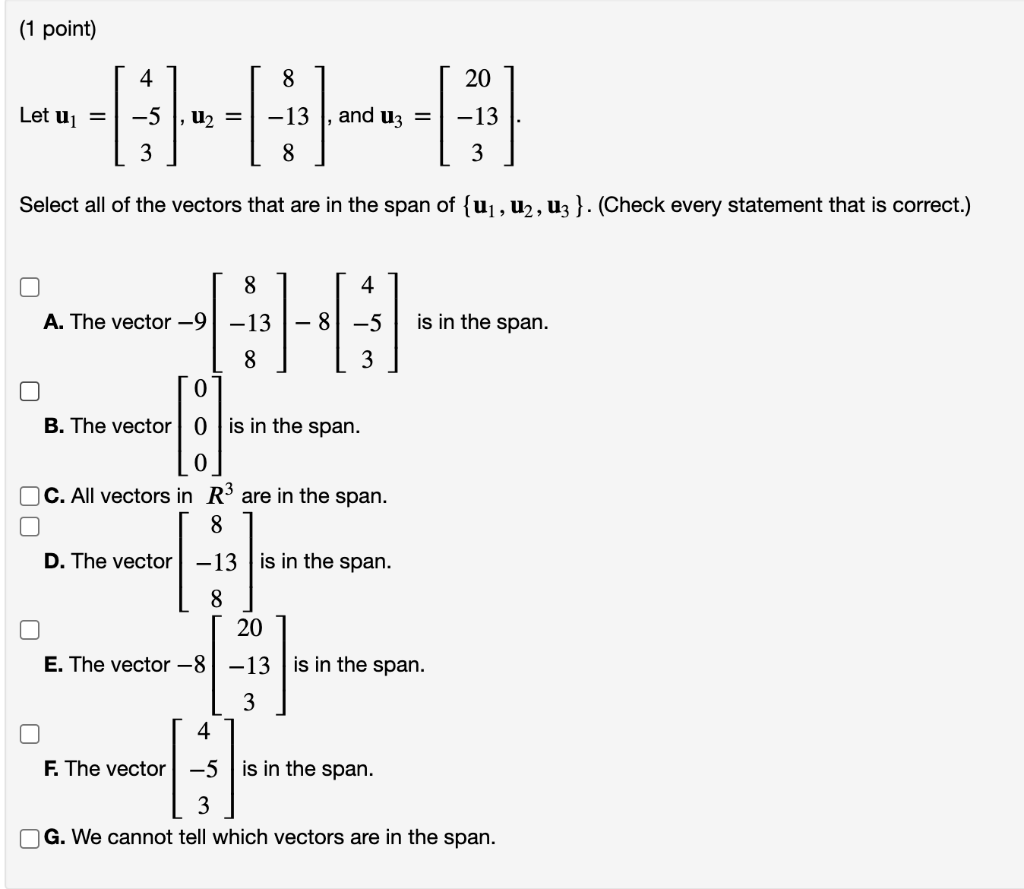Solved (1 point) Let u1=⎣⎡4−53⎦⎤,u2=⎣⎡8−138⎦⎤, and | Chegg.com