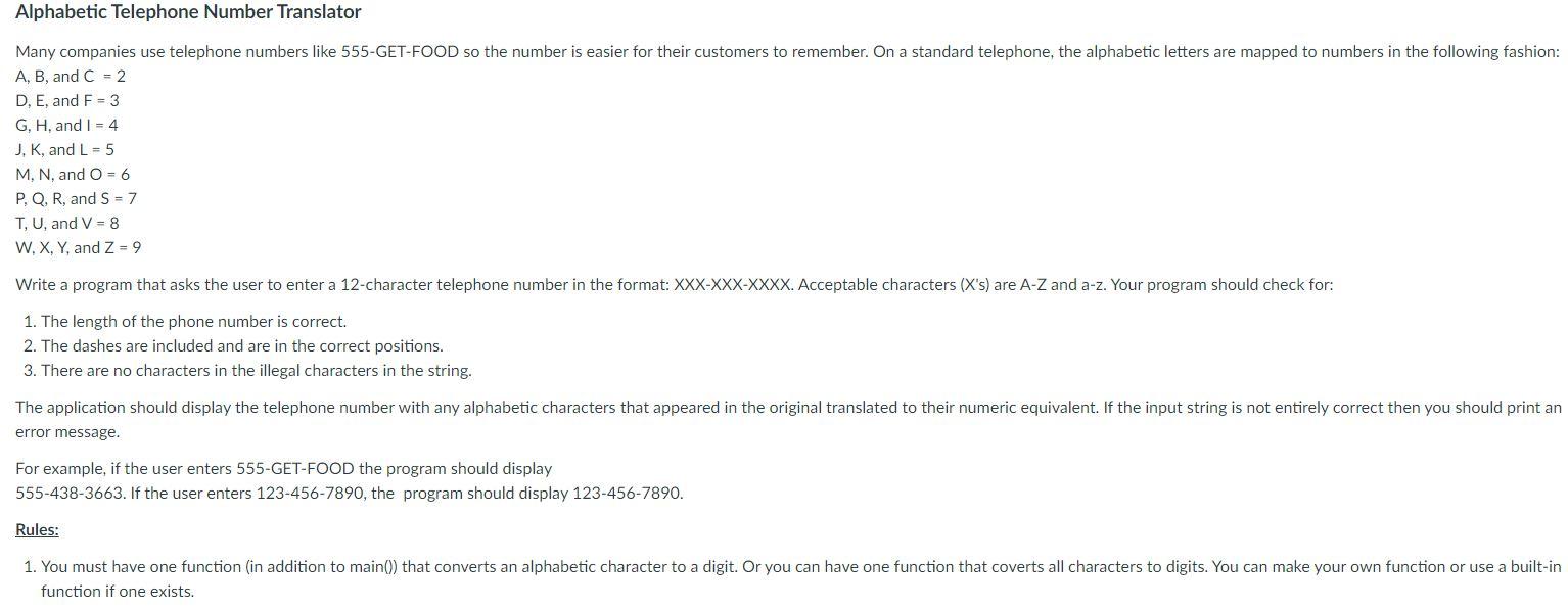 Alphabetic Telephone Number Translator Many companies | Chegg.com