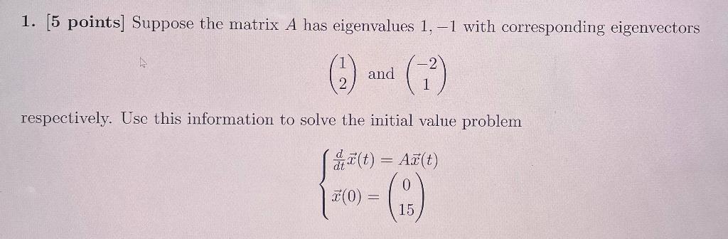 Solved 1. [5 points] Suppose the matrix A has eigenvalues | Chegg.com