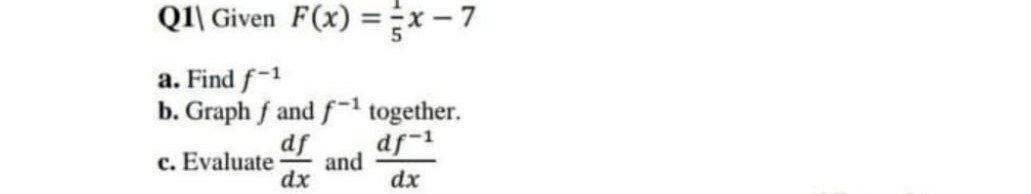 Solved Q1\ Given F(x) = 5x - 7 a. Find f-1 b. Graphſ and f-1 | Chegg.com