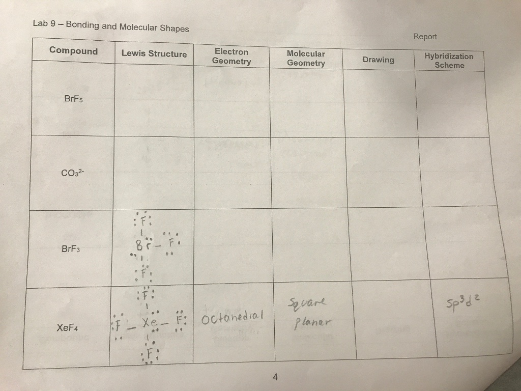 Solved Lab 9 - Bonding and Molecular Shapes Report Compound | Chegg.com