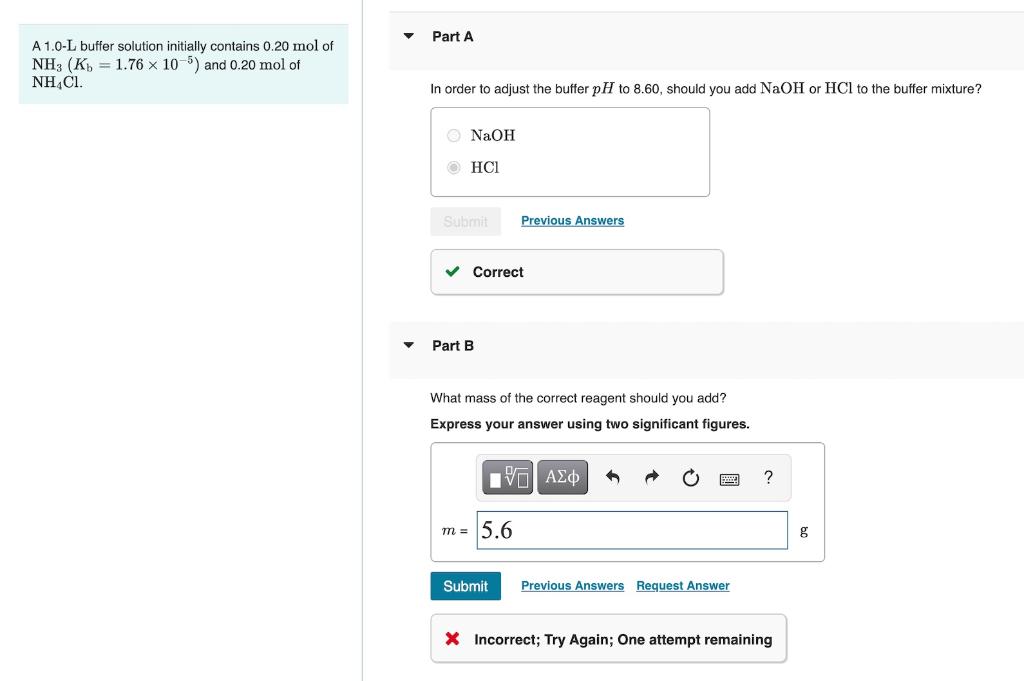 Solved A buffer is created by combining 3.60 g of NH3 Part A | Chegg.com