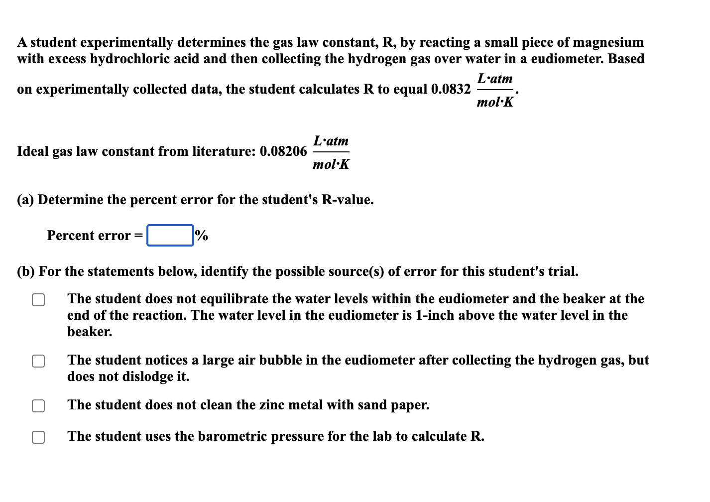 Solved A student experimentally determines the gas law | Chegg.com