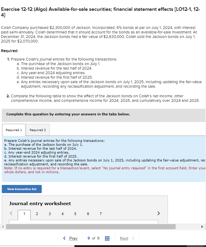 Solved Exercise 12-12 (Algo) Available-for-sale securities; | Chegg.com