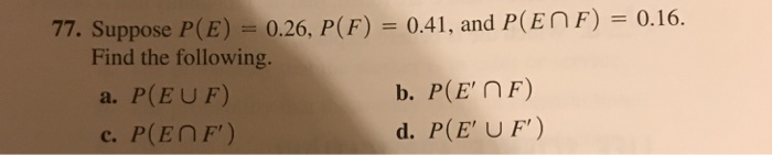 Solved 77. Suppose P(E) 0.26, P(F) 0.41, and P(EnF) 0.16. | Chegg.com
