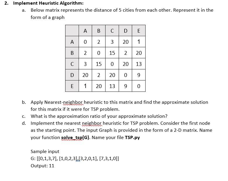 Solved 2. Implement Heuristic Algorithm: a. Below matrix | Chegg.com