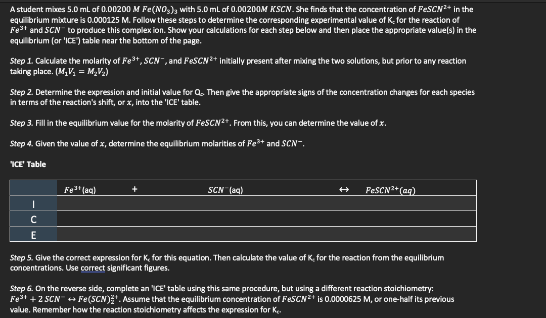 Solved A student mixes 5.0 mL of 0.00200MFe(NO3)3 with 5.0 | Chegg.com