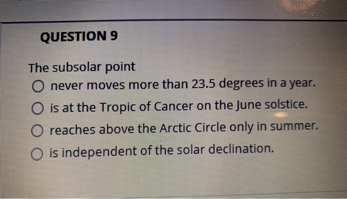 Solved QUESTION 9 The subsolar point O never moves more than | Chegg.com