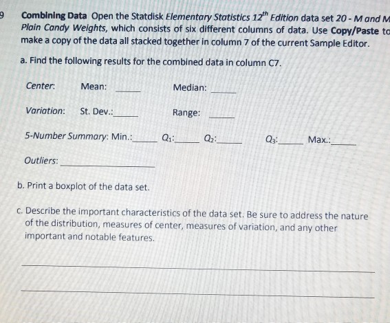 Solved Combining Data Open the Statdisk Elementary | Chegg.com