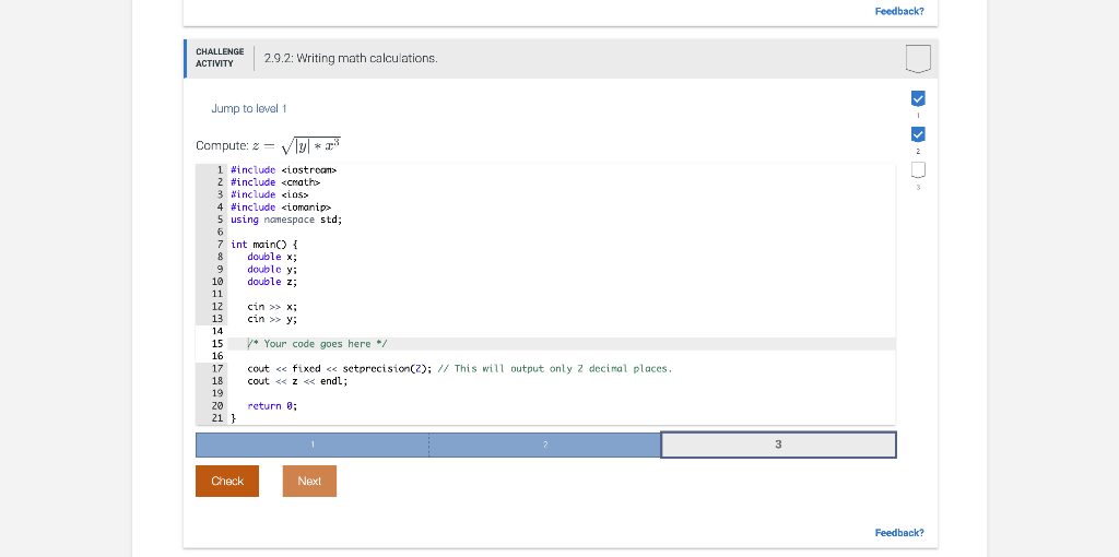 Solved Feedback CHALLENGE ACTIVITY 2.9.2: Writing math | Chegg.com