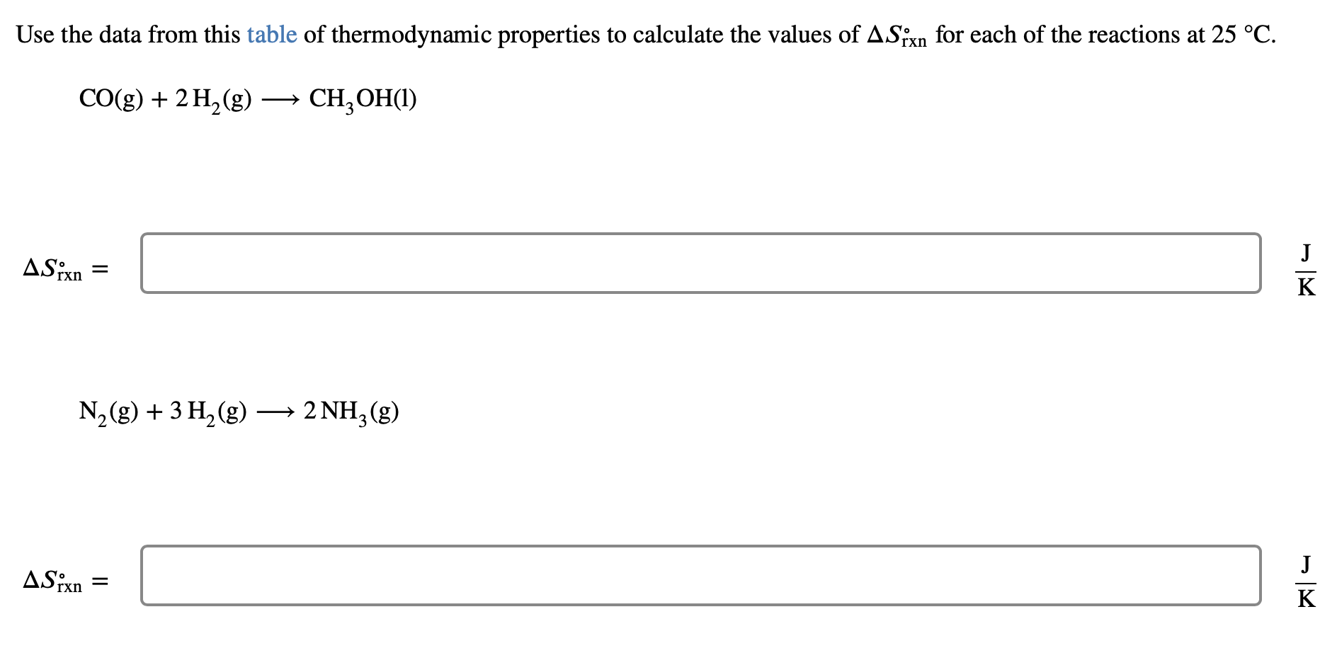 Solved CO(g)+2H2( g) CH3OH(l) ΔSrxn∘= KJ N2( g)+3H2( | Chegg.com