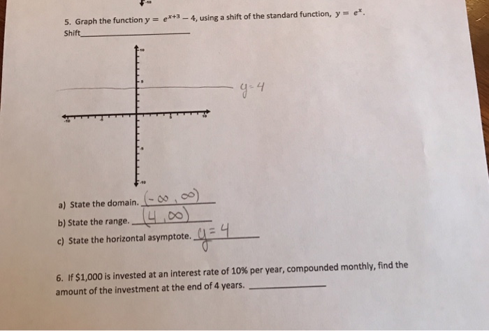 Solved 5. Graph the function y - e+4, using a shift of the | Chegg.com