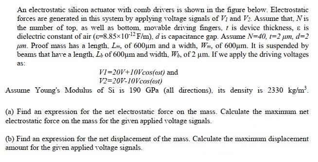 An electrostatic silicon actuator with comb drivers | Chegg.com