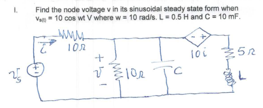 Solved Find the node voltage v in its sinusoidal steady | Chegg.com