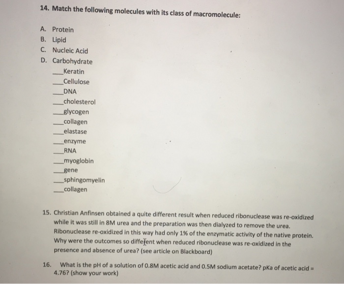Solved 14. Match the following molecules with its class of | Chegg.com