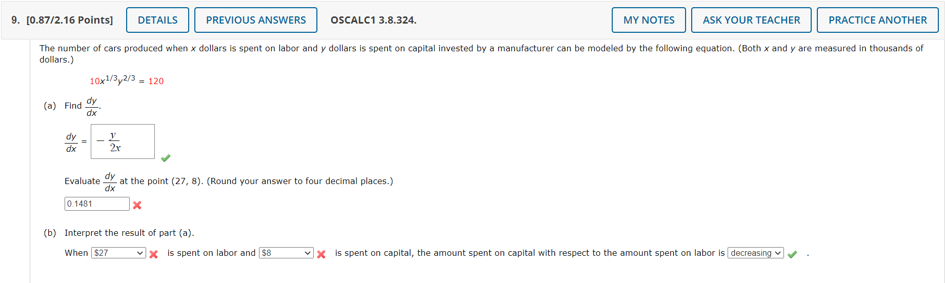 Solved 9. [0.87/2.16 Points] DETAILS PREVIOUS ANSWERS | Chegg.com