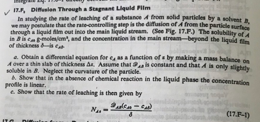 Solved 17.F, Diffusion Through a Stagnant Liquid Film In | Chegg.com