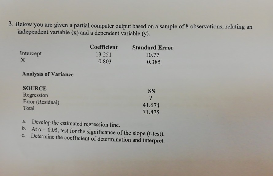 Solved 3. Below you are given a partial computer output | Chegg.com