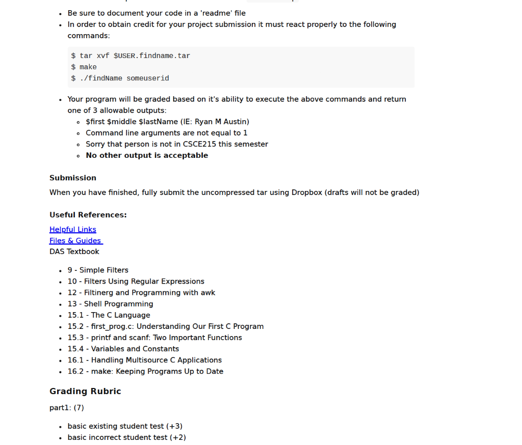 CSCE 215 - Unix/Linux Fundamentals Final Project - 15 | Chegg.com