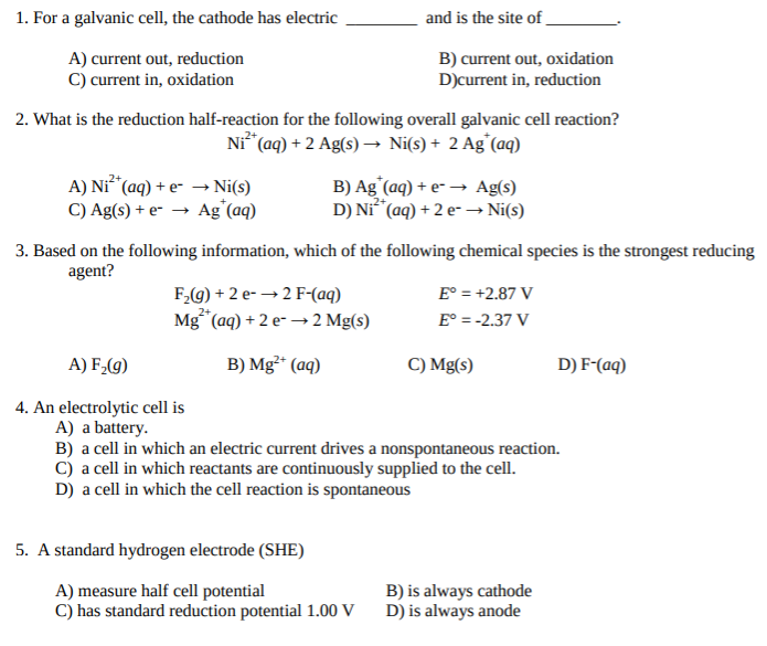 Solved 1. For a galvanic cell, the cathode has electric and | Chegg.com