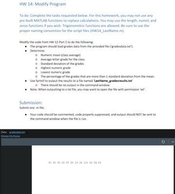 Solved Use HW 12 code and input grade data t as shown in the | Chegg.com
