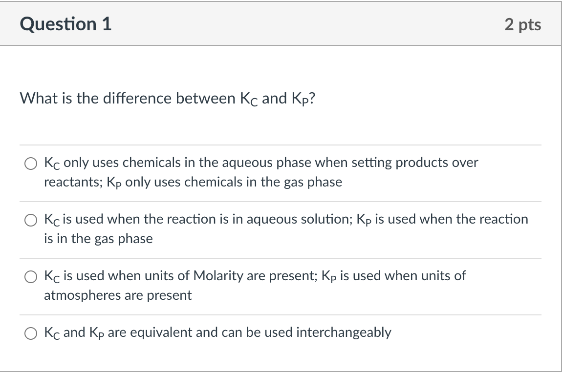 Solved Question 1 2 pts What is the difference between Kc | Chegg.com