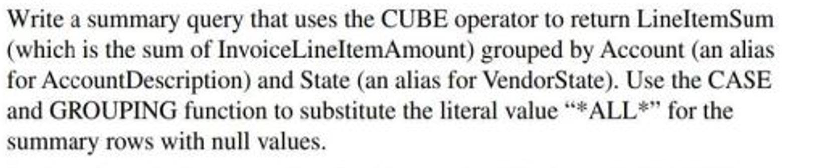 Solved Write a summary query that uses the CUBE operator to | Chegg.com
