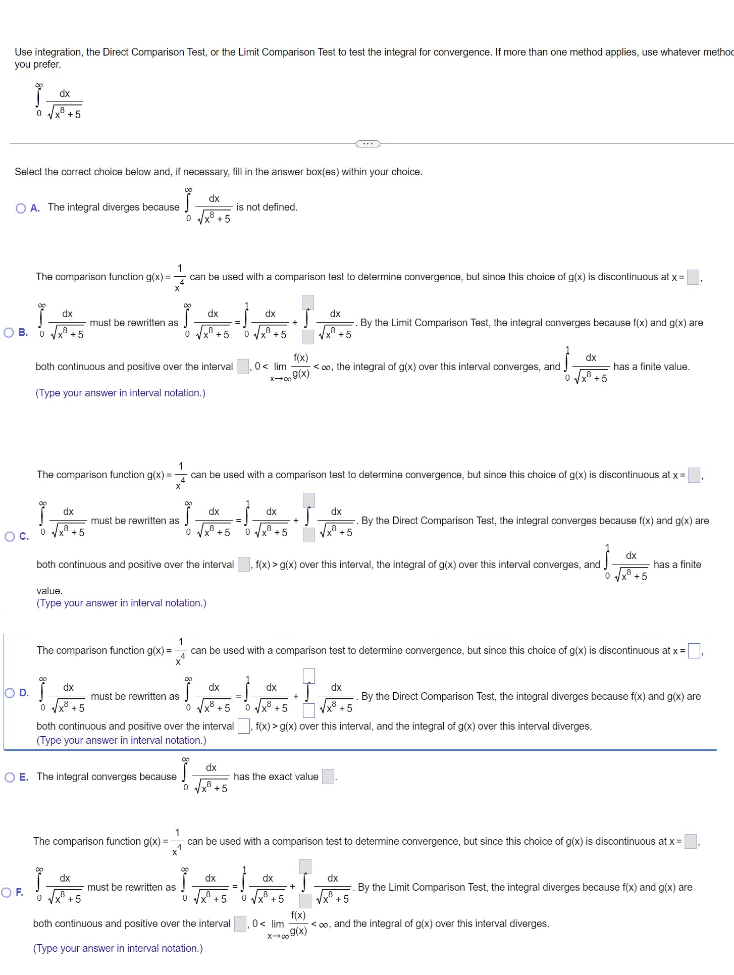 Solved Use integration, the Direct Comparison Test, or the | Chegg.com