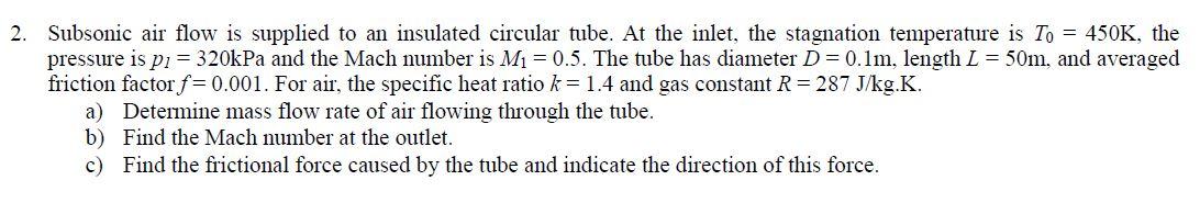 Solved 2. Subsonic air flow is supplied to an insulated | Chegg.com