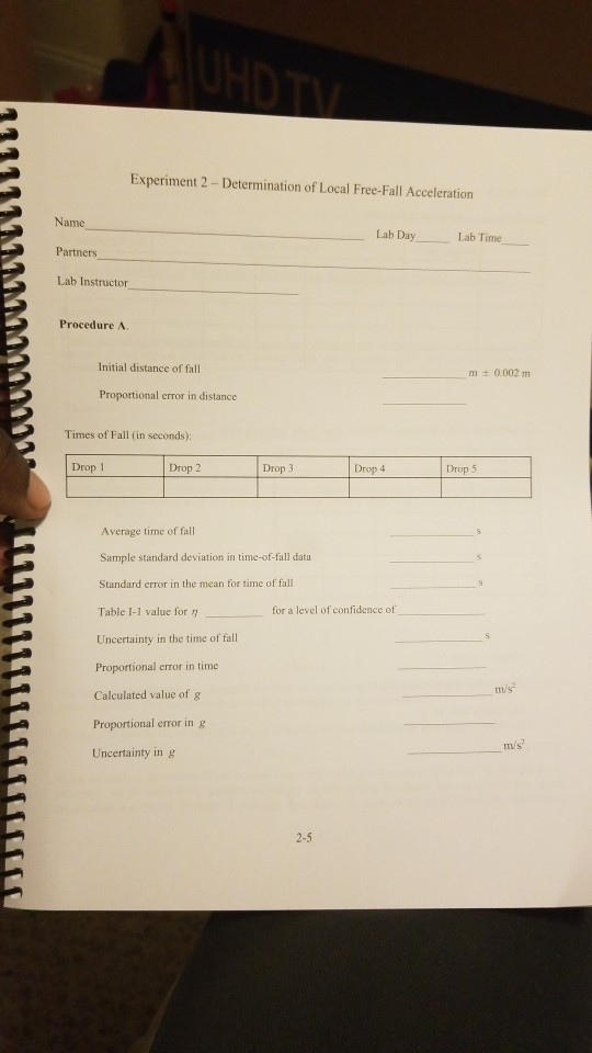 Experiment 2. Local Free-Fall Acceleration Purpose To | Chegg.com