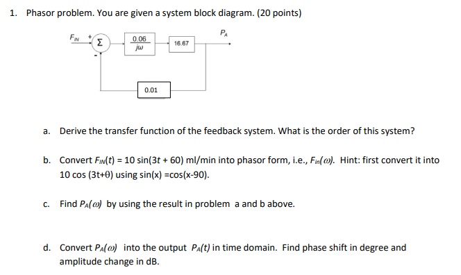 Solved 1. Phasor problem. You are given a system block | Chegg.com