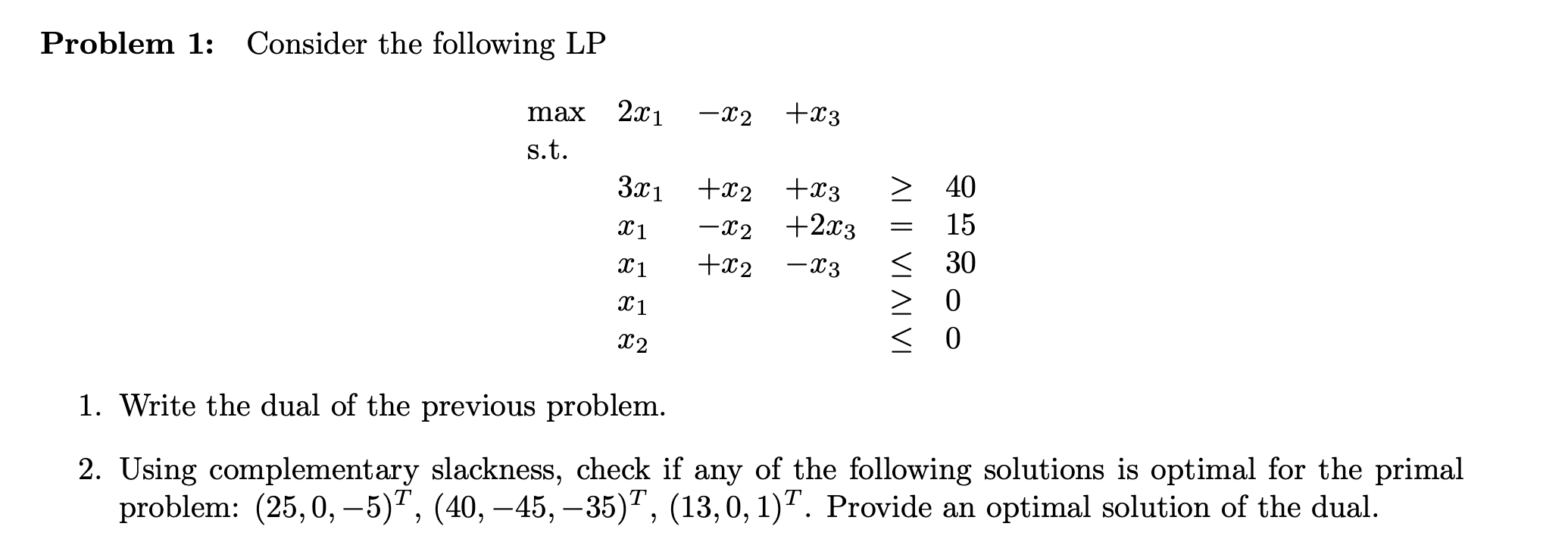 Solved Problem 1: Consider the following LP max 2x1 -X2 +13 | Chegg.com
