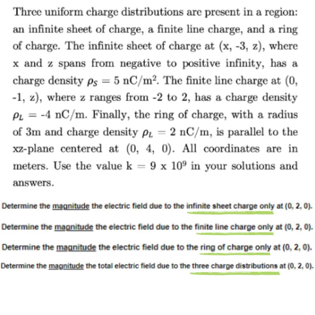 Solved Three uniform charge distributions are present in a | Chegg.com