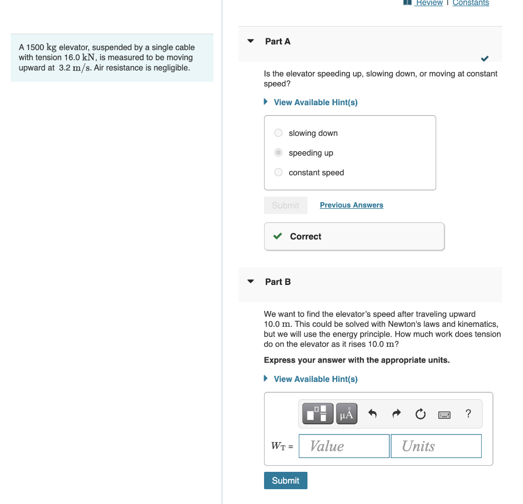 Solved Review Constants Part A A 1500 kg elevator, suspended | Chegg.com