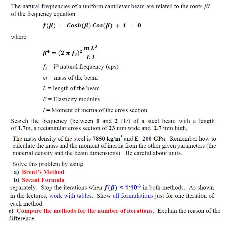 The natural frequencies of a uniform cantilever beam | Chegg.com
