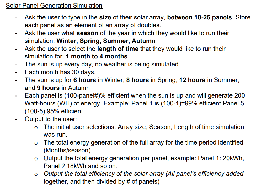 Solved Solar Panel Generation Simulation - Ask the user to | Chegg.com
