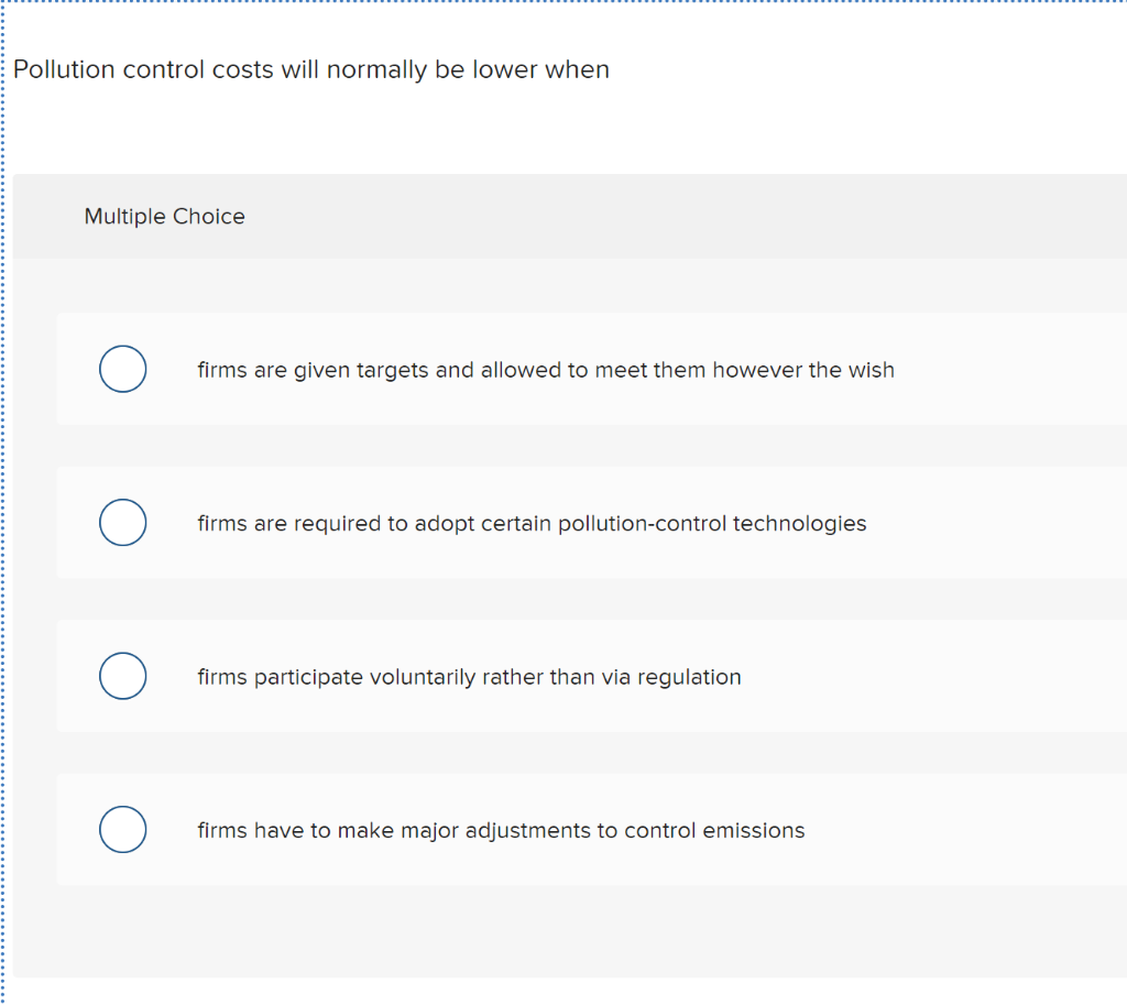 Solved Pollution control costs will normally be lower when | Chegg.com