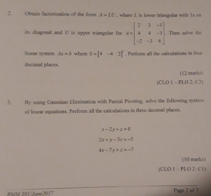 Solved Obtain factorization of the form A = LU. where L is | Chegg.com