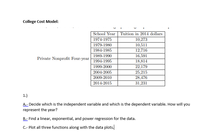 Solved College Cost Model: School Year Tuition in 2014 | Chegg.com
