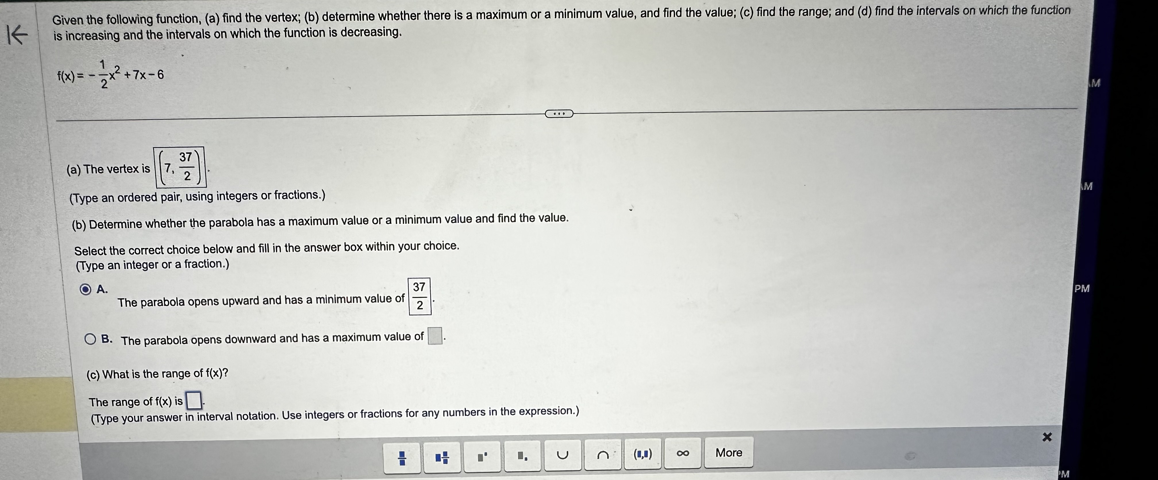 Solved Given the following function, (a) find the vertex; | Chegg.com