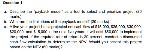 Solved Question 1 a. Describe the "payback model" as a tool | Chegg.com